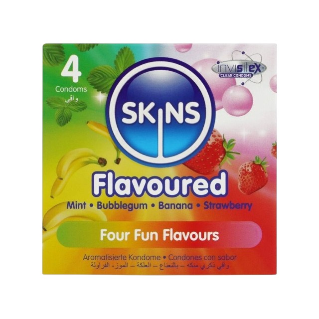 Prezervative SKINS Flavoured, cu 4 arome (banană, mentă, căpșuni și bu ...